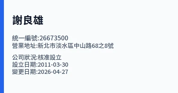 謝良雄的照片-統編 26673500(新北市) 公司登記資料與營業項目詳細圖表