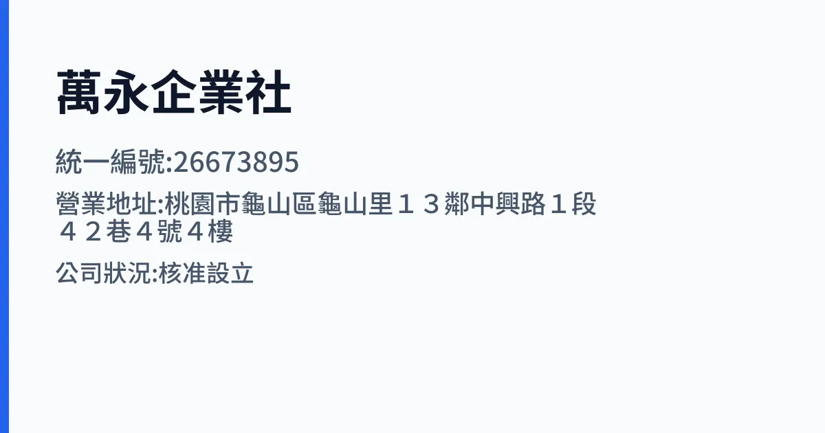 萬永企業社 - 統編 26673895(桃園市) 公司登記資料與營業項目詳細圖表