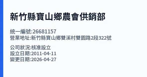 新竹縣寶山鄉農會供銷部的照片-統編 26681157(新竹縣) 公司登記資料與營業項目詳細圖表