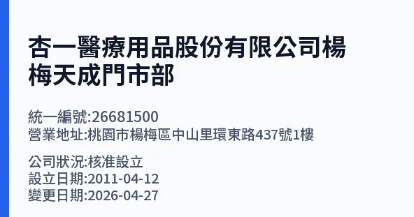 杏一醫療用品股份有限公司楊梅天成門市部的照片-統編 26681500(桃園市) 公司登記資料與營業項目詳細圖表