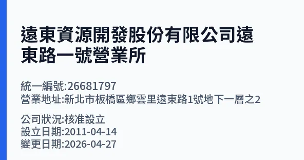 遠東資源開發股份有限公司遠東路一號營業所的照片-統編 26681797(新北市) 公司登記資料與營業項目詳細圖表