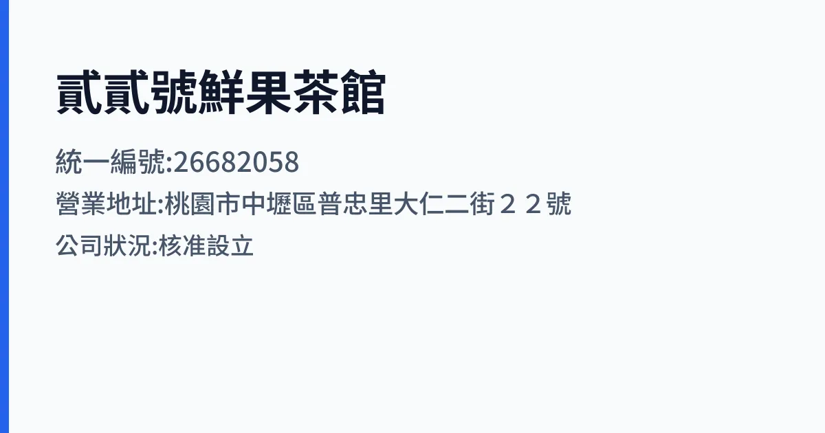 貳貳號鮮果茶館 - 統編 26682058(桃園市) 公司登記資料與營業項目詳細圖表
