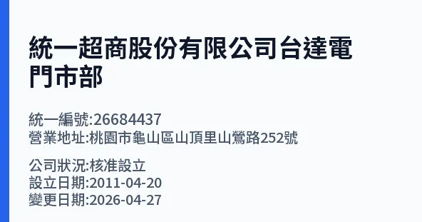 統一超商股份有限公司台達電門市部的照片-統編 26684437(桃園市) 公司登記資料與營業項目詳細圖表