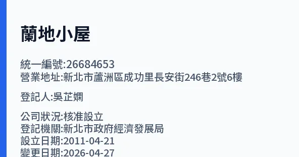 蘭地小屋的照片-統編 26684653(新北市) 公司登記資料與營業項目詳細圖表