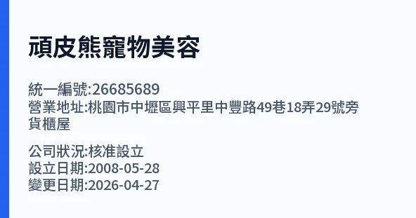頑皮熊寵物美容的照片-統編 26685689(桃園市) 公司登記資料與營業項目詳細圖表