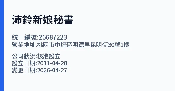 沛鈴新娘秘書的照片-統編 26687223(桃園市) 公司登記資料與營業項目詳細圖表