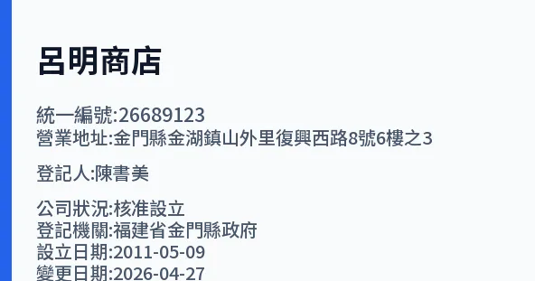 呂明商店的照片-統編 26689123(金門縣) 公司登記資料與營業項目詳細圖表