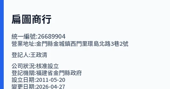 扁圖商行的照片-統編 26689904(金門縣) 公司登記資料與營業項目詳細圖表