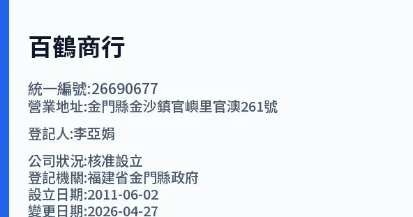 百鶴商行的照片-統編 26690677(金門縣) 公司登記資料與營業項目詳細圖表