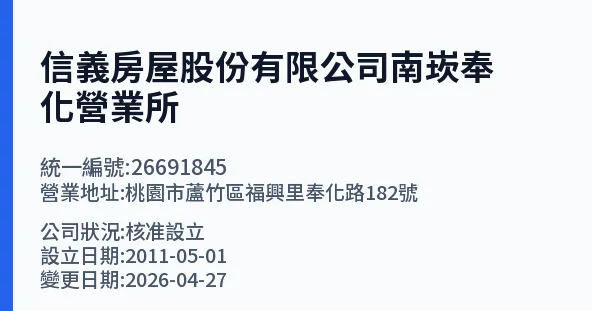信義房屋股份有限公司南崁奉化營業所的照片-統編 26691845(桃園市) 公司登記資料與營業項目詳細圖表