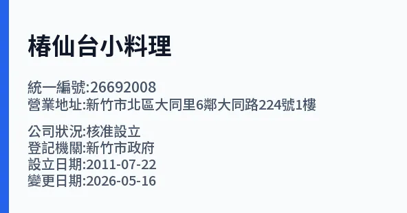 椿仙台小料理的照片-統編 26692008(新竹市) 公司登記資料與營業項目詳細圖表