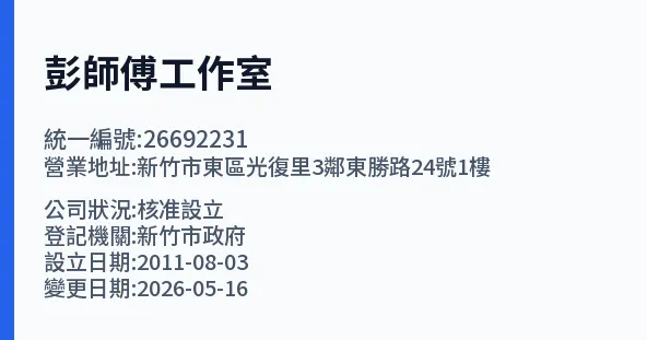 彭師傅工作室的照片-統編 26692231(新竹市) 公司登記資料與營業項目詳細圖表