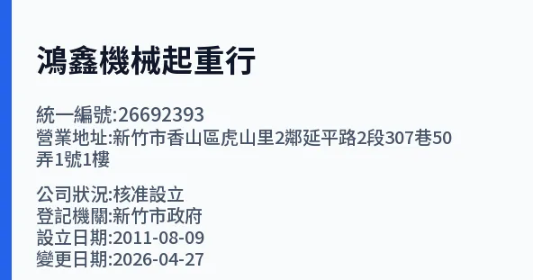 鴻鑫機械起重行的照片-統編 26692393(新竹市) 公司登記資料與營業項目詳細圖表