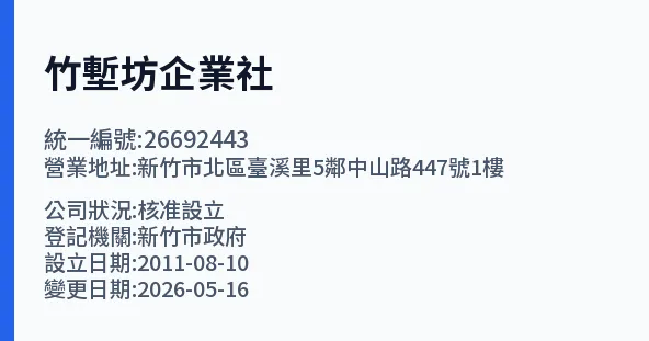 竹塹坊企業社的照片-統編 26692443(新竹市) 公司登記資料與營業項目詳細圖表