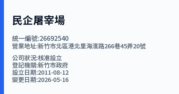民企屠宰場的照片-統編 26692540(新竹市) 公司登記資料與營業項目詳細圖表