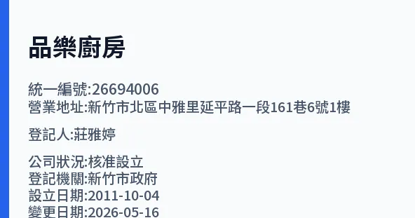 品樂廚房的照片-統編 26694006(新竹市) 公司登記資料與營業項目詳細圖表