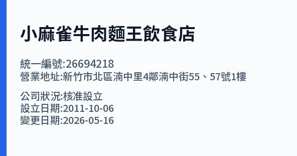 小麻雀牛肉麵王飲食店的照片-統編 26694218(新竹市) 公司登記資料與營業項目詳細圖表