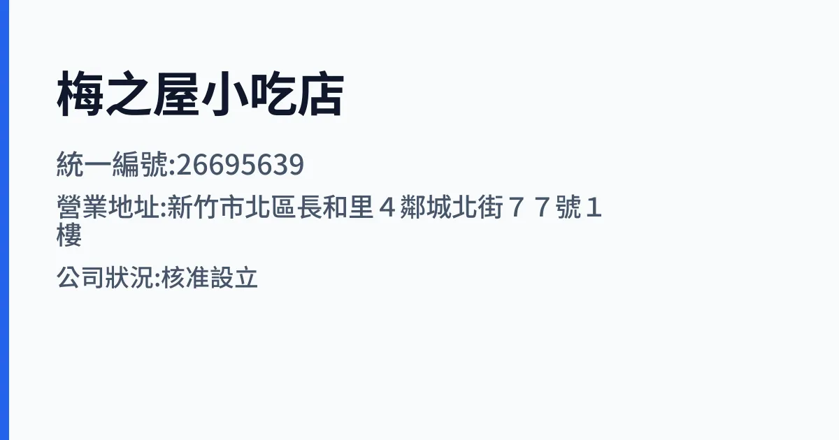 梅之屋小吃店 - 統編 26695639(新竹市) 公司登記資料與營業項目詳細圖表
