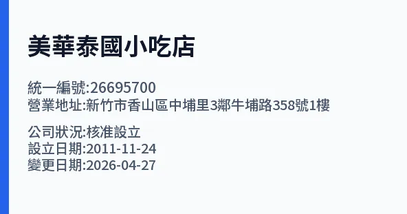 美華泰國小吃店的照片-統編 26695700(新竹市) 公司登記資料與營業項目詳細圖表