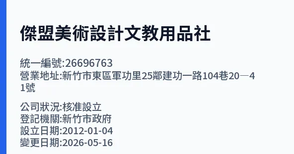 傑盟美術設計文教用品社的照片-統編 26696763(新竹市) 公司登記資料與營業項目詳細圖表