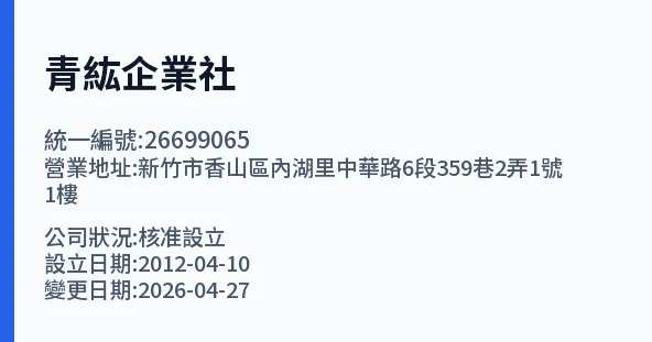 青紘企業社的照片-統編 26699065(新竹市) 公司登記資料與營業項目詳細圖表