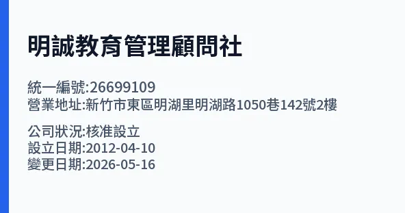明誠教育管理顧問社的照片-統編 26699109(新竹市) 公司登記資料與營業項目詳細圖表