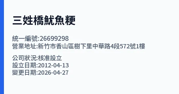 三姓橋魷魚粳的照片-統編 26699298(新竹市) 公司登記資料與營業項目詳細圖表