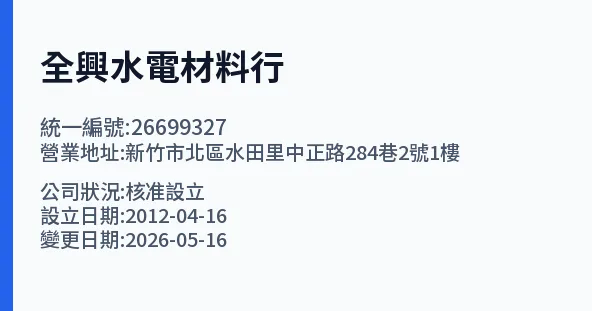 全興水電材料行的照片-統編 26699327(新竹市) 公司登記資料與營業項目詳細圖表