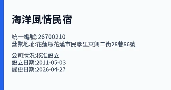 海洋風情民宿的照片-統編 26700210(花蓮縣) 公司登記資料與營業項目詳細圖表