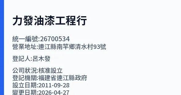 力發油漆工程行的照片-統編 26700534(連江縣) 公司登記資料與營業項目詳細圖表