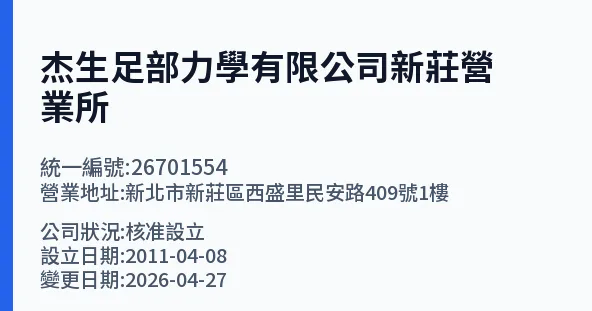 杰生足部力學有限公司新莊營業所的照片-統編 26701554(新北市) 公司登記資料與營業項目詳細圖表