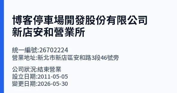 博客停車場開發股份有限公司新店安和營業所的照片-統編 26702224(新北市) 公司登記資料與營業項目詳細圖表