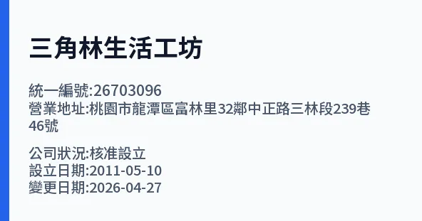 三角林生活工坊的照片-統編 26703096(桃園市) 公司登記資料與營業項目詳細圖表