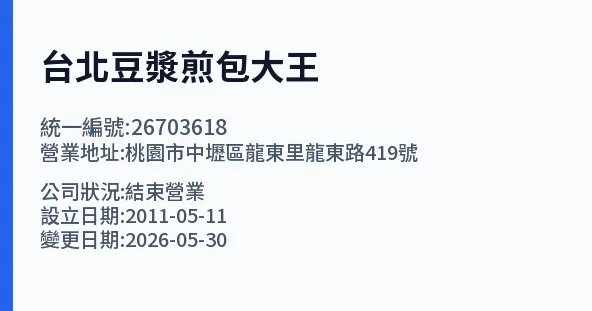 台北豆漿煎包大王的照片-統編 26703618(桃園市) 公司登記資料與營業項目詳細圖表