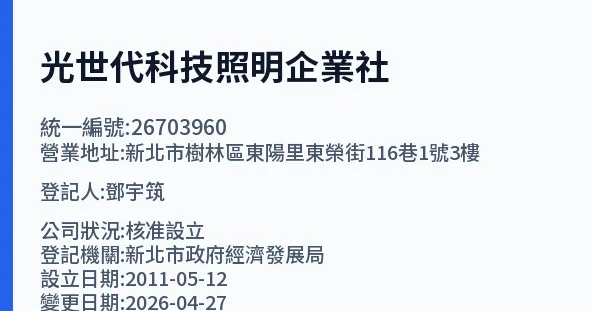 光世代科技照明企業社的照片-統編 26703960(新北市) 公司登記資料與營業項目詳細圖表
