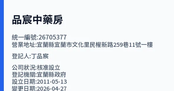品宸中藥房的照片-統編 26705377(宜蘭縣) 公司登記資料與營業項目詳細圖表