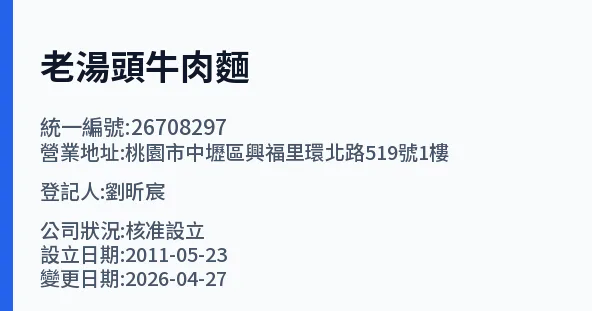 老湯頭牛肉麵的照片-統編 26708297(桃園市) 公司登記資料與營業項目詳細圖表