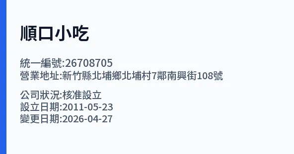 順口小吃的照片-統編 26708705(新竹縣) 公司登記資料與營業項目詳細圖表