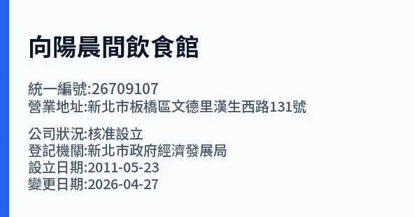 向陽晨間飲食館的照片-統編 26709107(新北市) 公司登記資料與營業項目詳細圖表