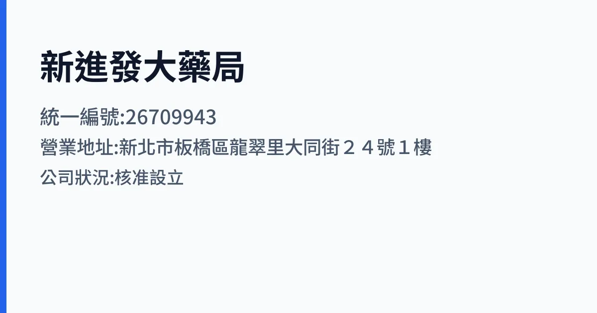 新進發大藥局 - 統編 26709943(新北市) 公司登記資料與營業項目詳細圖表