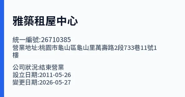 雅築租屋中心的照片-統編 26710385(桃園市) 公司登記資料與營業項目詳細圖表