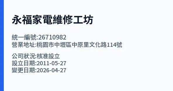 永福家電維修工坊的照片-統編 26710982(桃園市) 公司登記資料與營業項目詳細圖表