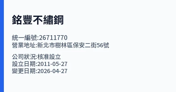 銘豐不繡鋼的照片-統編 26711770(新北市) 公司登記資料與營業項目詳細圖表
