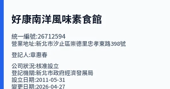 好康南洋風味素食館的照片-統編 26712594(新北市) 公司登記資料與營業項目詳細圖表