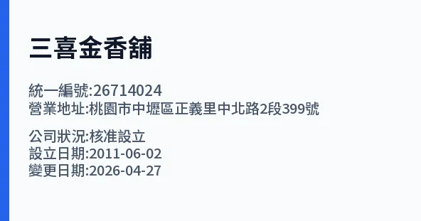 三喜金香舖的照片-統編 26714024(桃園市) 公司登記資料與營業項目詳細圖表