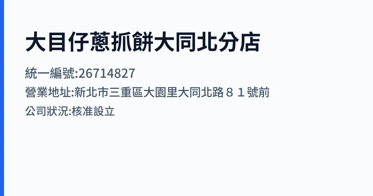 大目仔蔥抓餅大同北分店 - 統編 26714827(新北市) 公司登記資料與營業項目詳細圖表