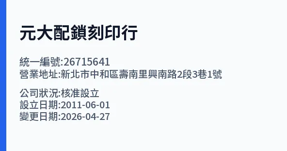 元大配鎖刻印行的照片-統編 26715641(新北市) 公司登記資料與營業項目詳細圖表