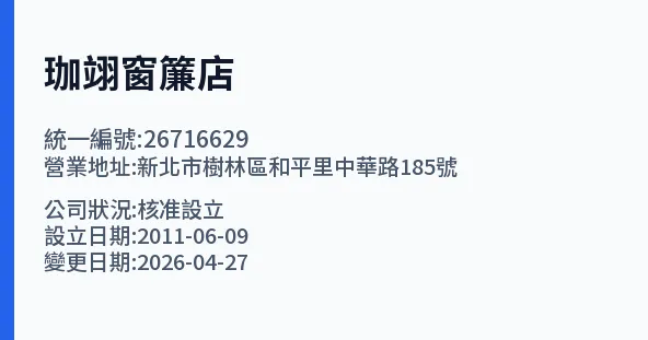 珈翊窗簾店的照片-統編 26716629(新北市) 公司登記資料與營業項目詳細圖表
