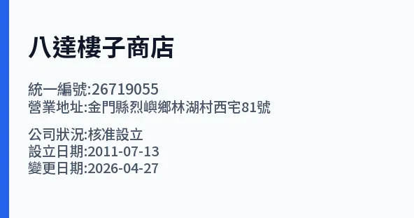 八達樓子商店的照片-統編 26719055(金門縣) 公司登記資料與營業項目詳細圖表