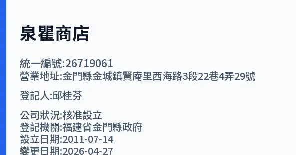 泉瞿商店的照片-統編 26719061(金門縣) 公司登記資料與營業項目詳細圖表